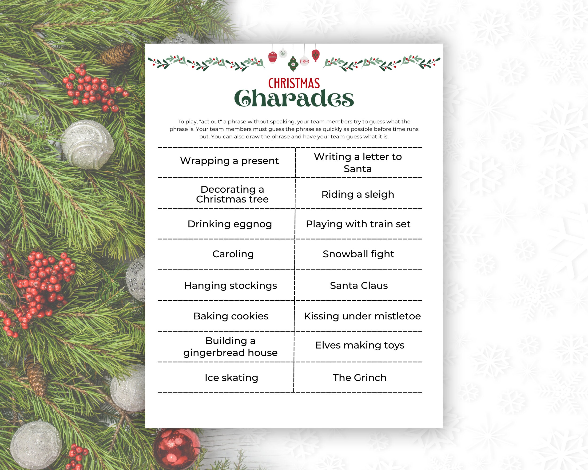 Christmas Charades Game, Printable Christmas Charades Game, Christmas ...