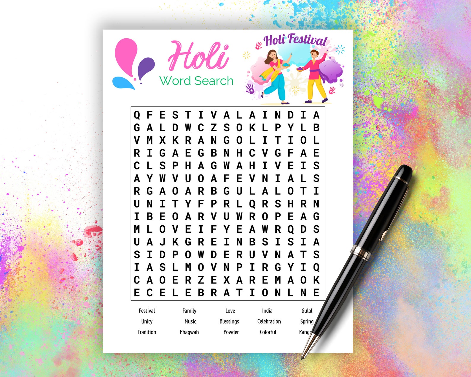 Holi Word Search, Printable Festival of Color Word Search Activity ...