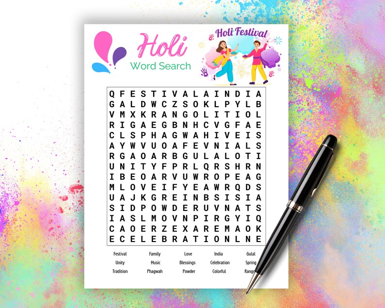 Holi Word Search, Printable Festival of Color Word Search Activity ...