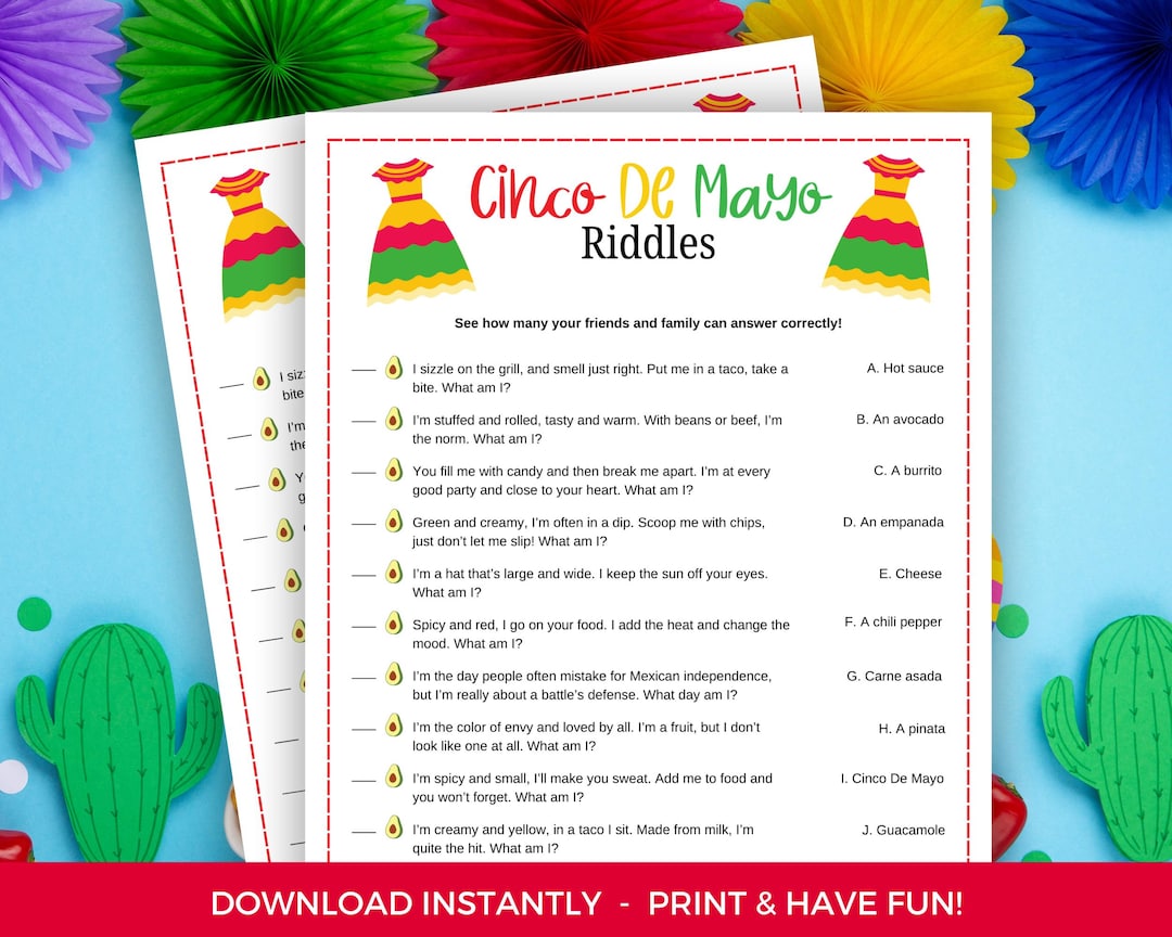 Cinco De Mayo Riddles Game, Printable Cinco De Mayo Activity, Cinco De ...