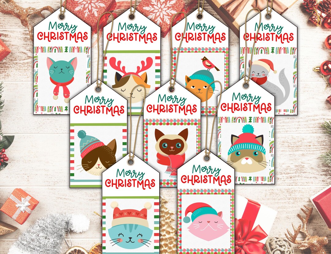 Cat Christmas Gift Tags, Printable Cat Holiday Gift Tags, Christmas ...