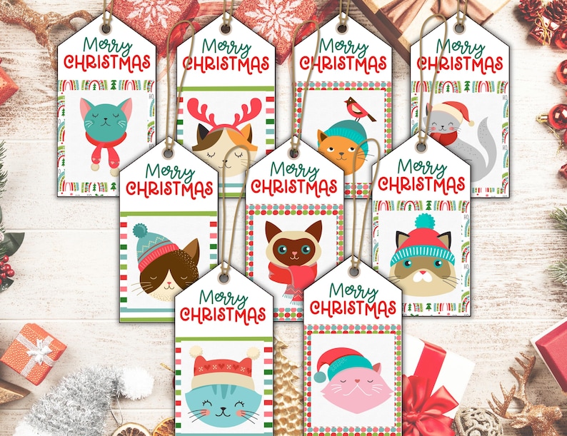 Cat Christmas Gift Tags, Printable Cat Holiday Gift Tags, Christmas ...