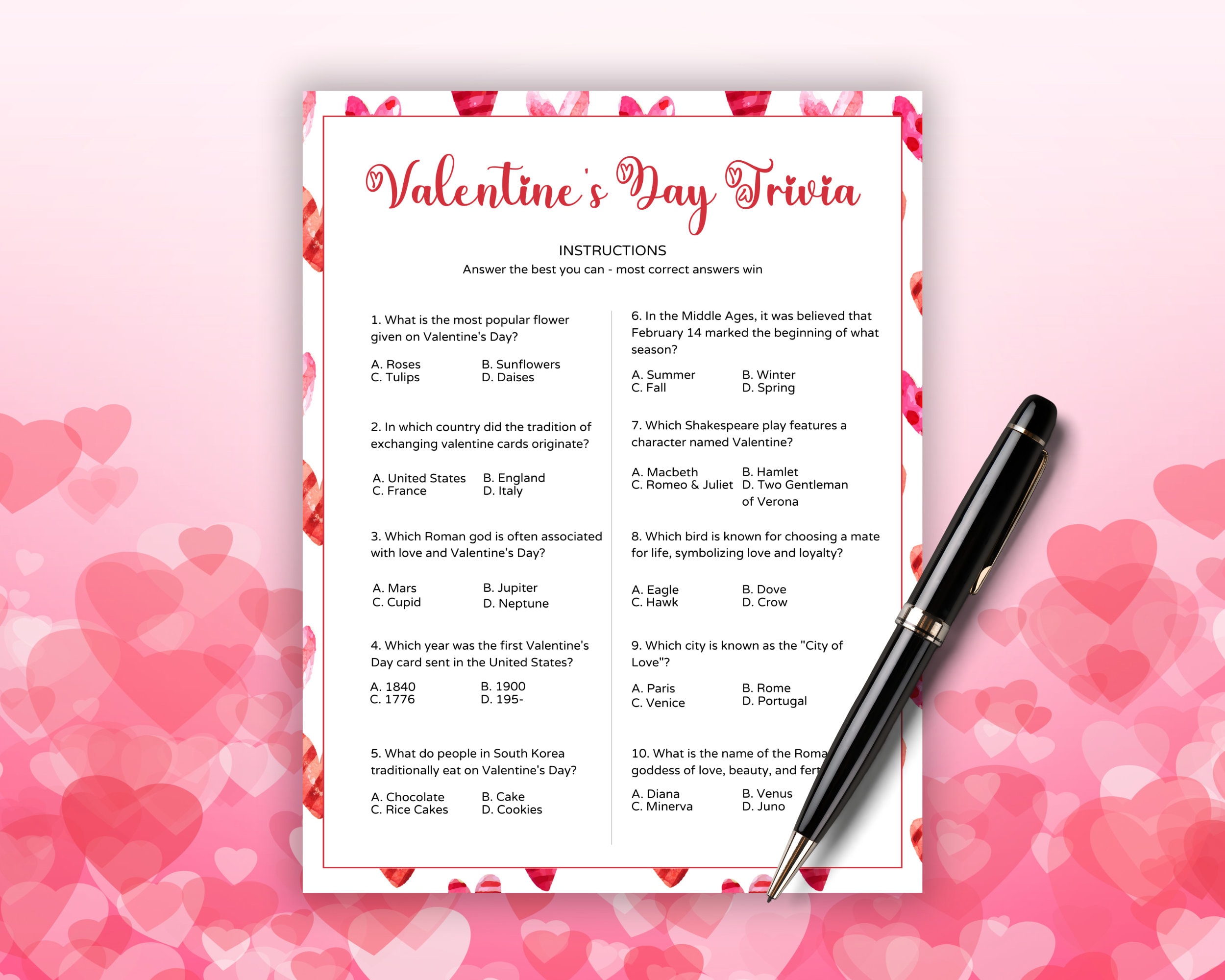 Valentine's Day Trivia Game, Printable Valentine's Day Game, Valentine ...