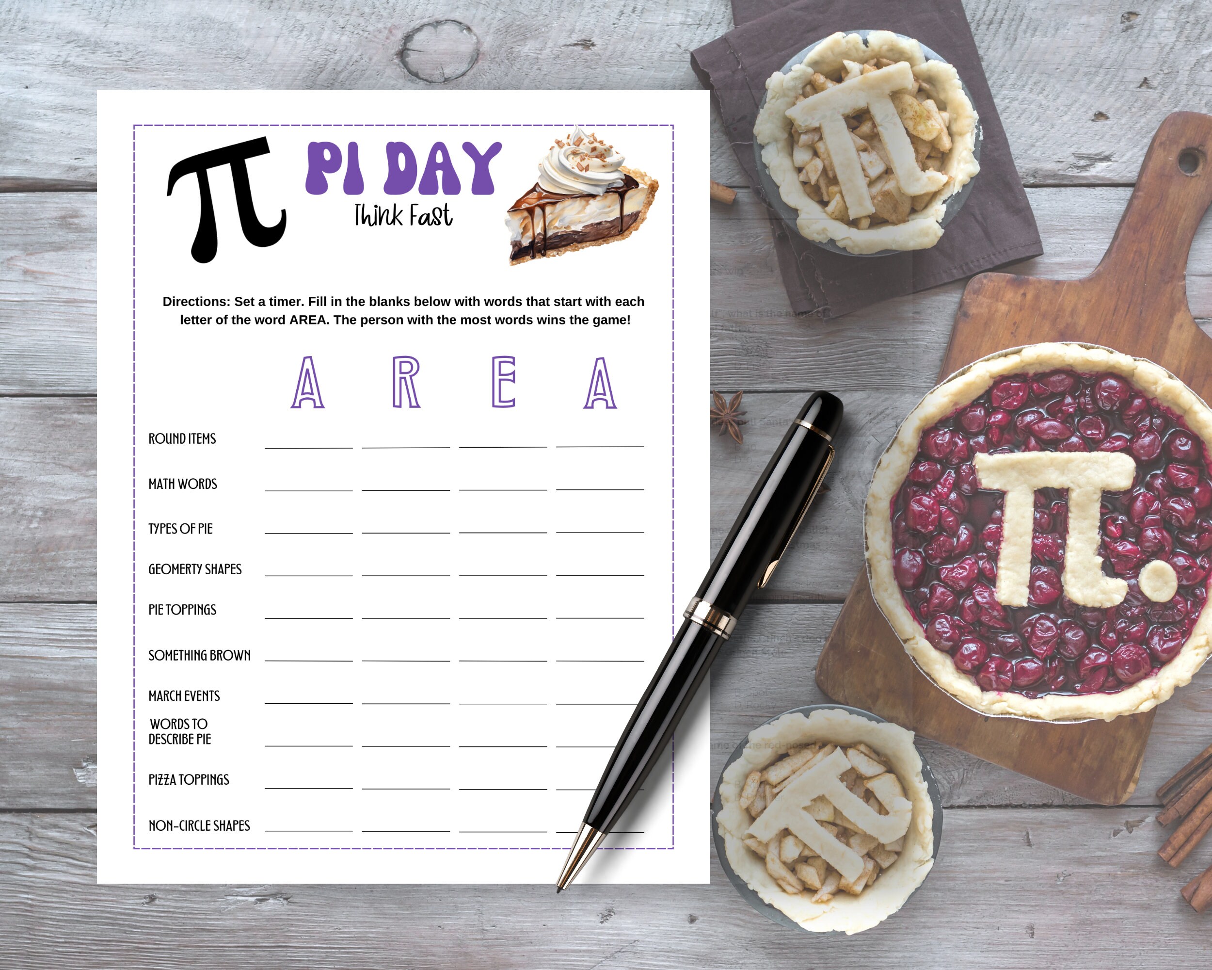 Pi Day Think Fast Game, Printable Pi Day Think Fast Activity, Pi Day ...