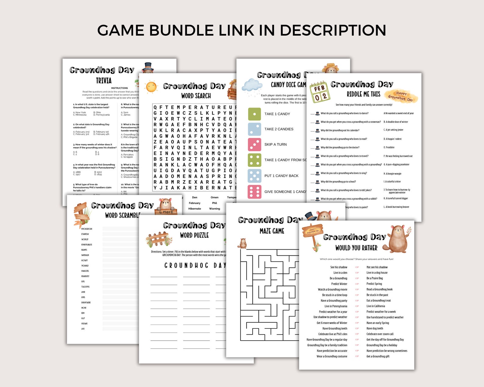 Groundhog Day Trivia Game, Printable Trivia Game, Groundhog Day Party ...