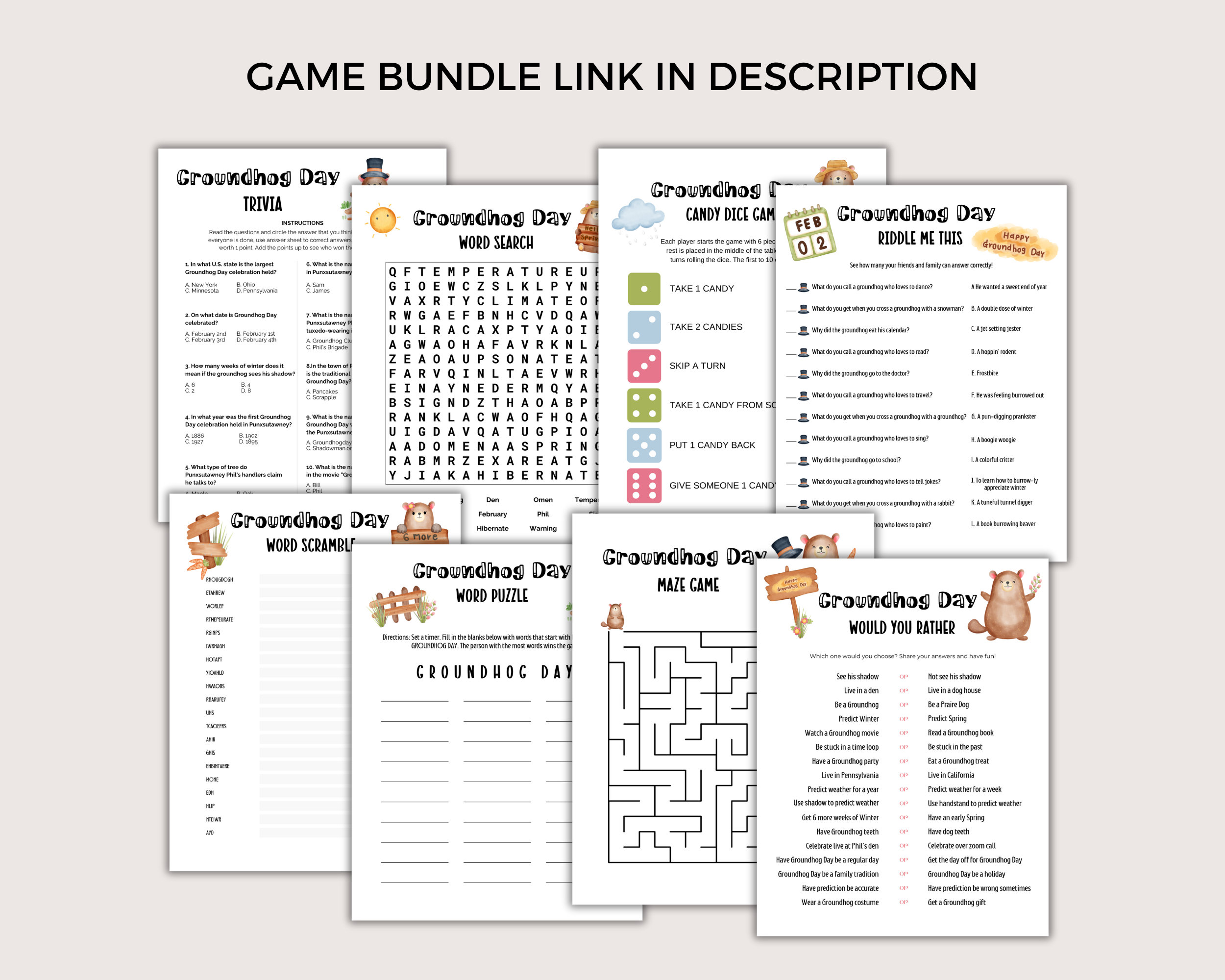 Groundhog Day Trivia Game, Printable Trivia Game, Groundhog Day Party ...