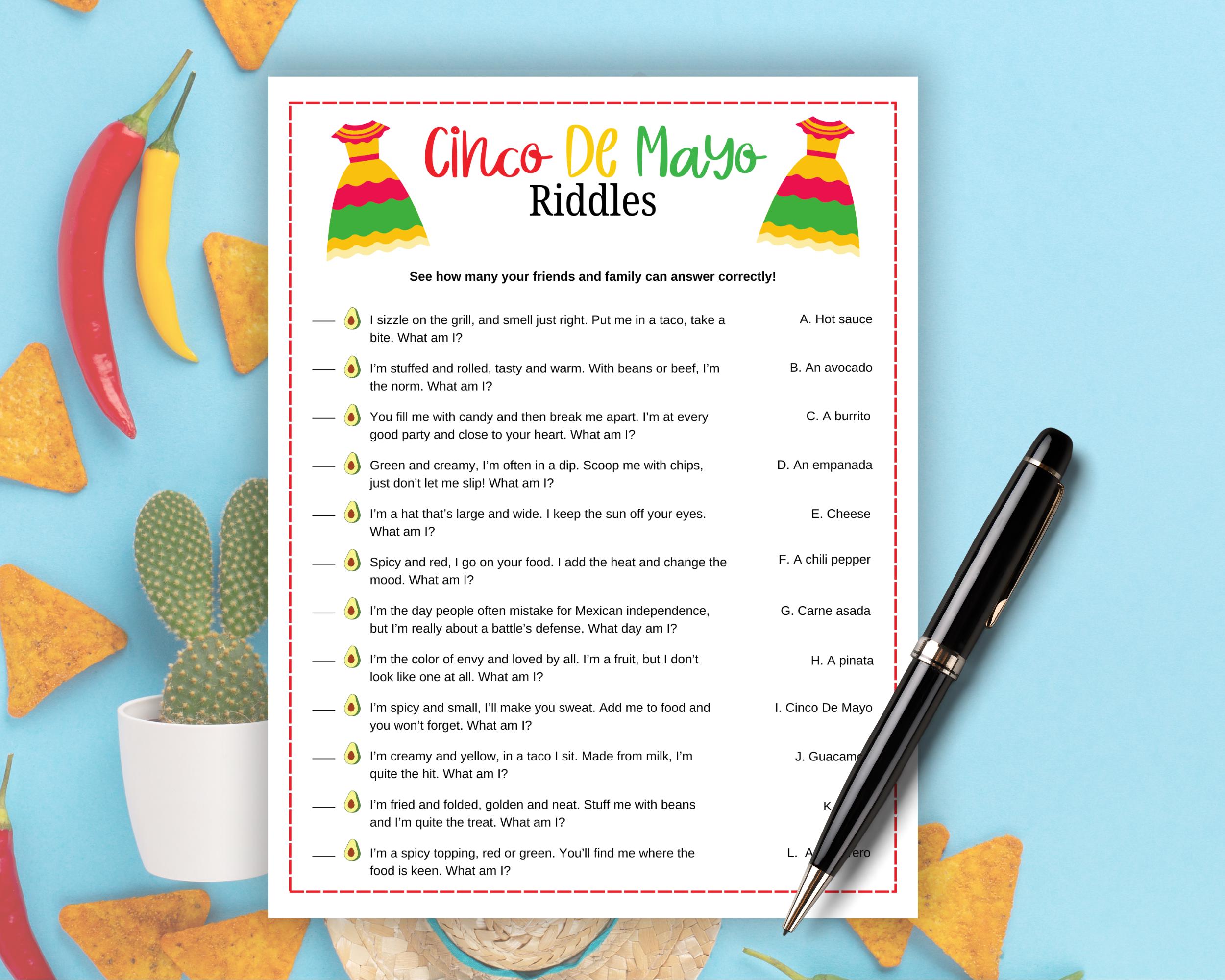 Cinco De Mayo Riddles Game, Printable Cinco De Mayo Activity, Cinco De ...