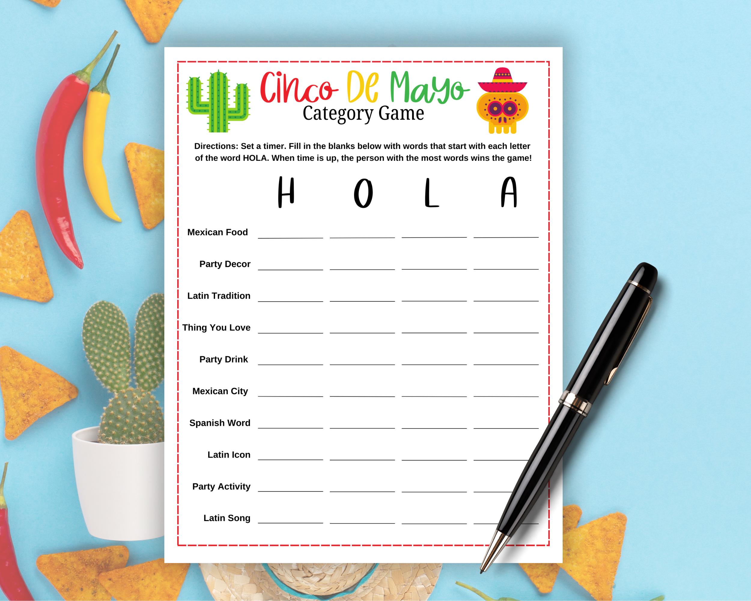 Cinco De Mayo Category Game, Printable Cinco De Mayo Activity, Cinco De ...