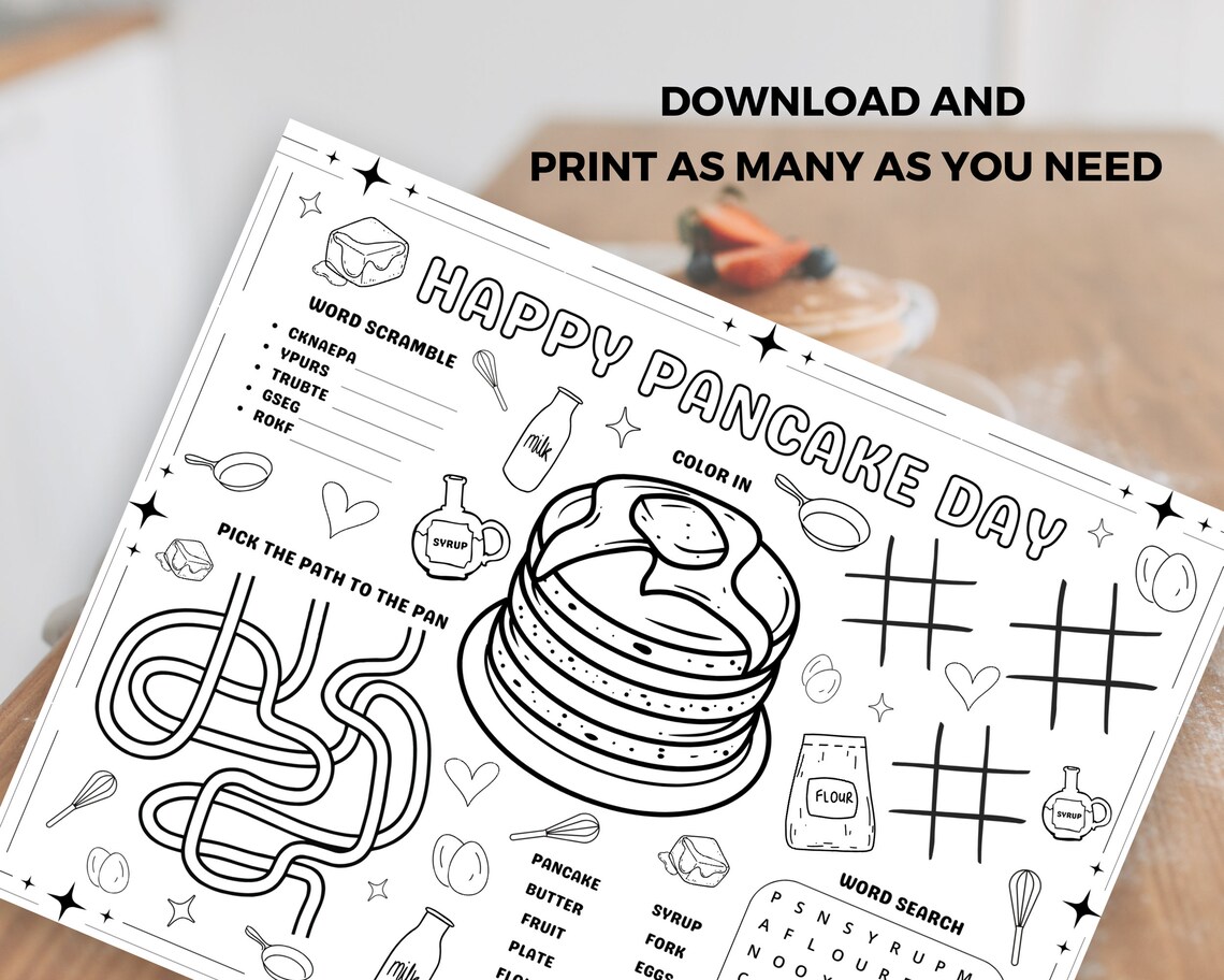 Pancake Day Coloring Placemat, Printable Pancake Day Activity Placemat ...