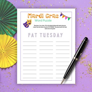 Mardi Gras Word Puzzle Game, Fat Tuesday Party Game, Printable Mardi ...