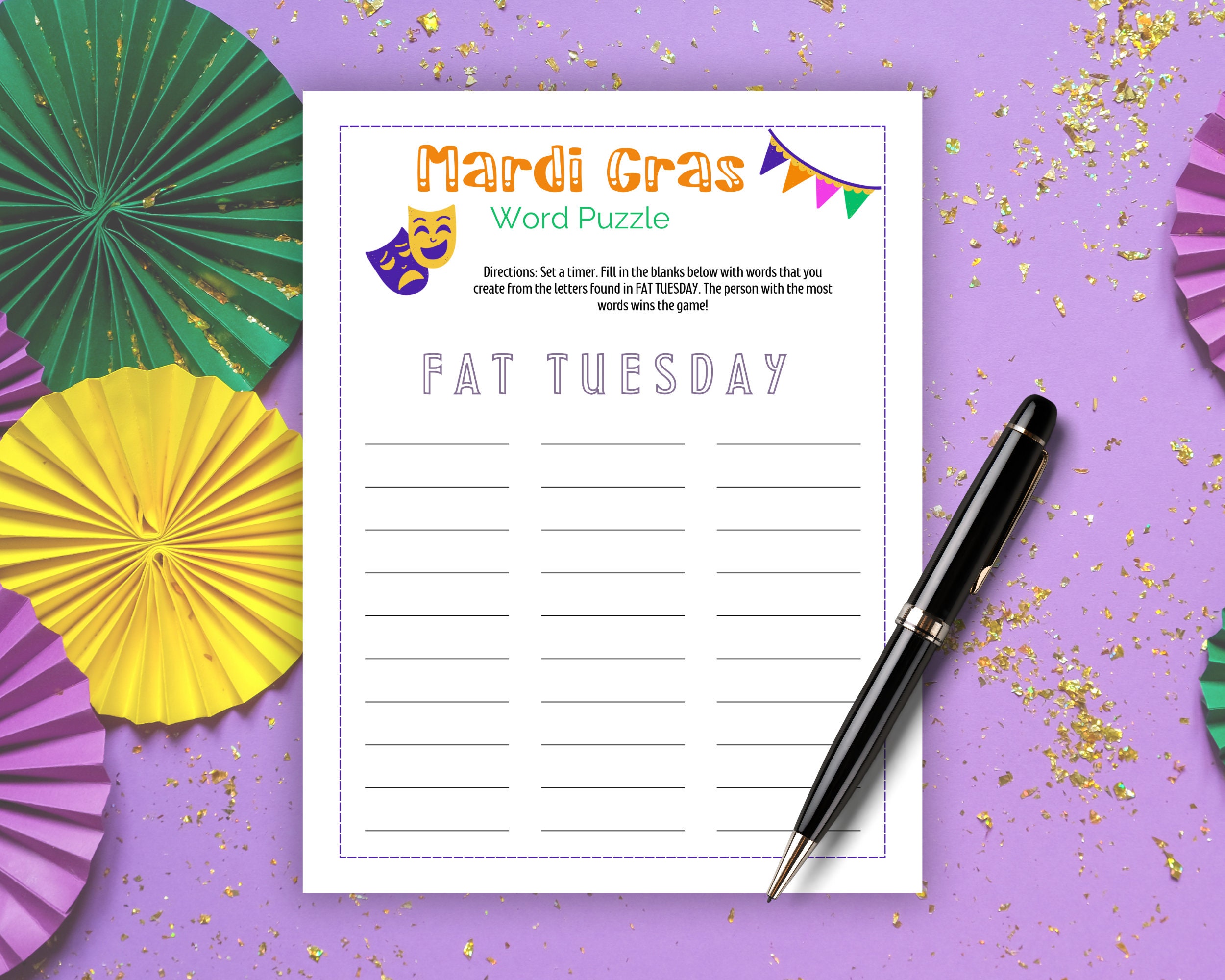 Mardi Gras Word Puzzle Game, Fat Tuesday Party Game, Printable Mardi ...