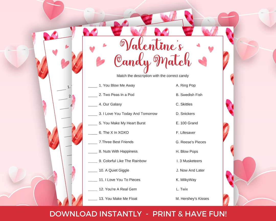 Valentine's Day Candy Match Game, Printable Valentine's Day Game ...