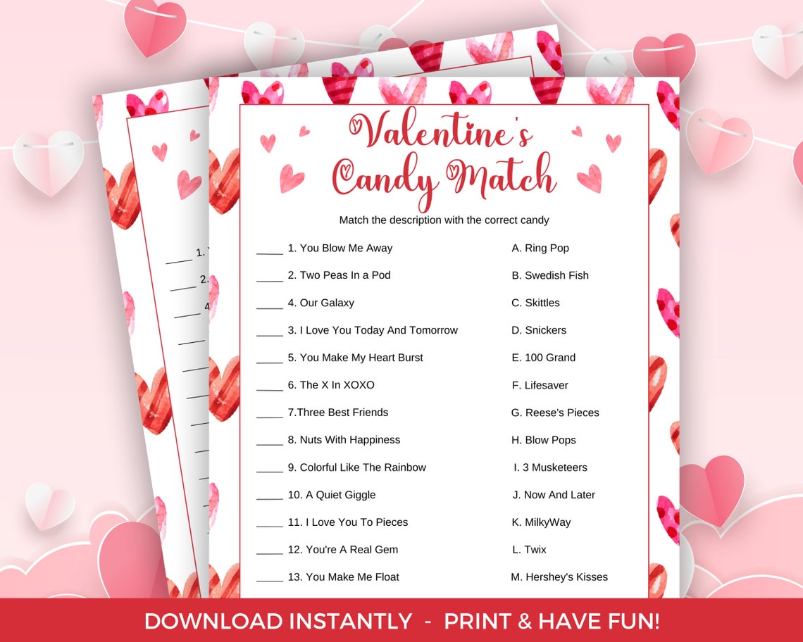Valentine's Day Candy Match Game, Printable Valentine's Day Game ...