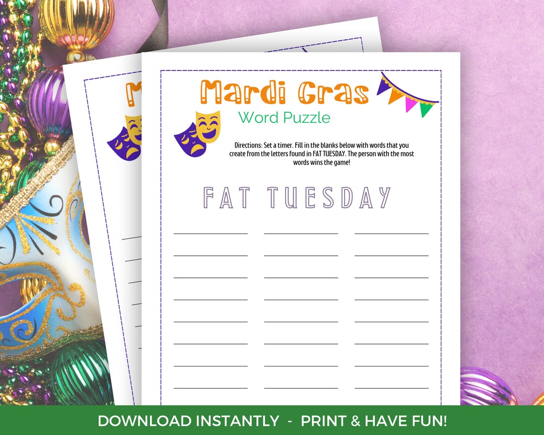 Mardi Gras Word Puzzle Game, Fat Tuesday Party Game, Printable Mardi ...