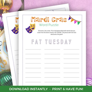 Mardi Gras Word Puzzle Game, Fat Tuesday Party Game, Printable Mardi ...