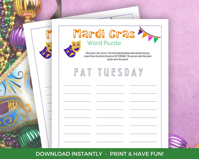 Mardi Gras Word Puzzle Game, Fat Tuesday Party Game, Printable Mardi ...