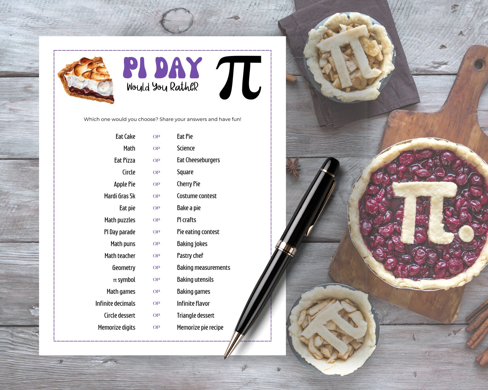 Pi Day Would You Rather, Printable Pi Day This or That Activity, Pi Day ...