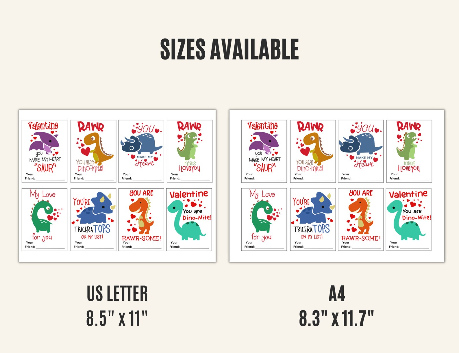 Printable Dinosaur Valentine Cards, Dinosaur Valentine Tags, Kids ...