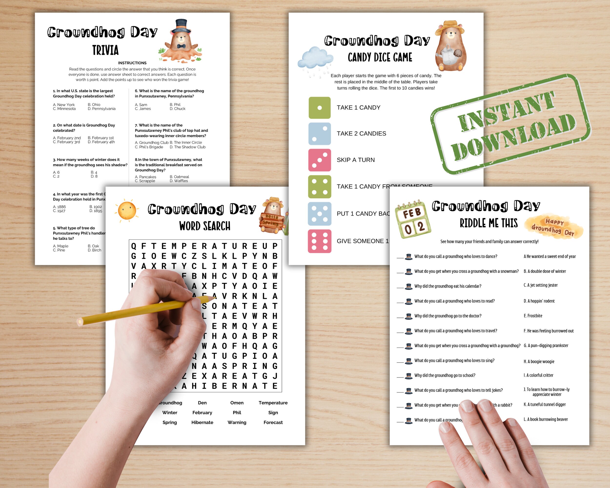 Groundhog Day Game Bundle, Printable Groundhog Day Activities for Kids ...
