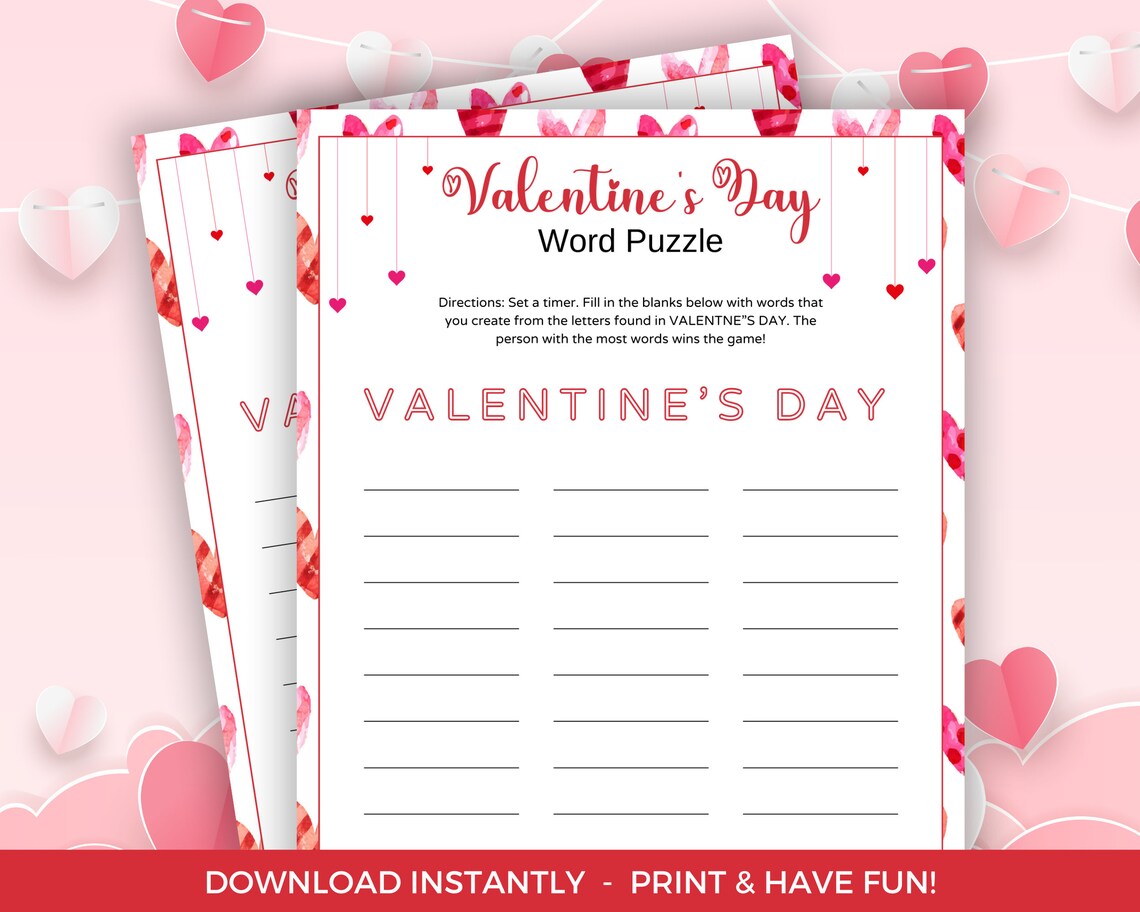 Valentine's Day Word Puzzle Game, Printable Valentine's Word Puzzle ...