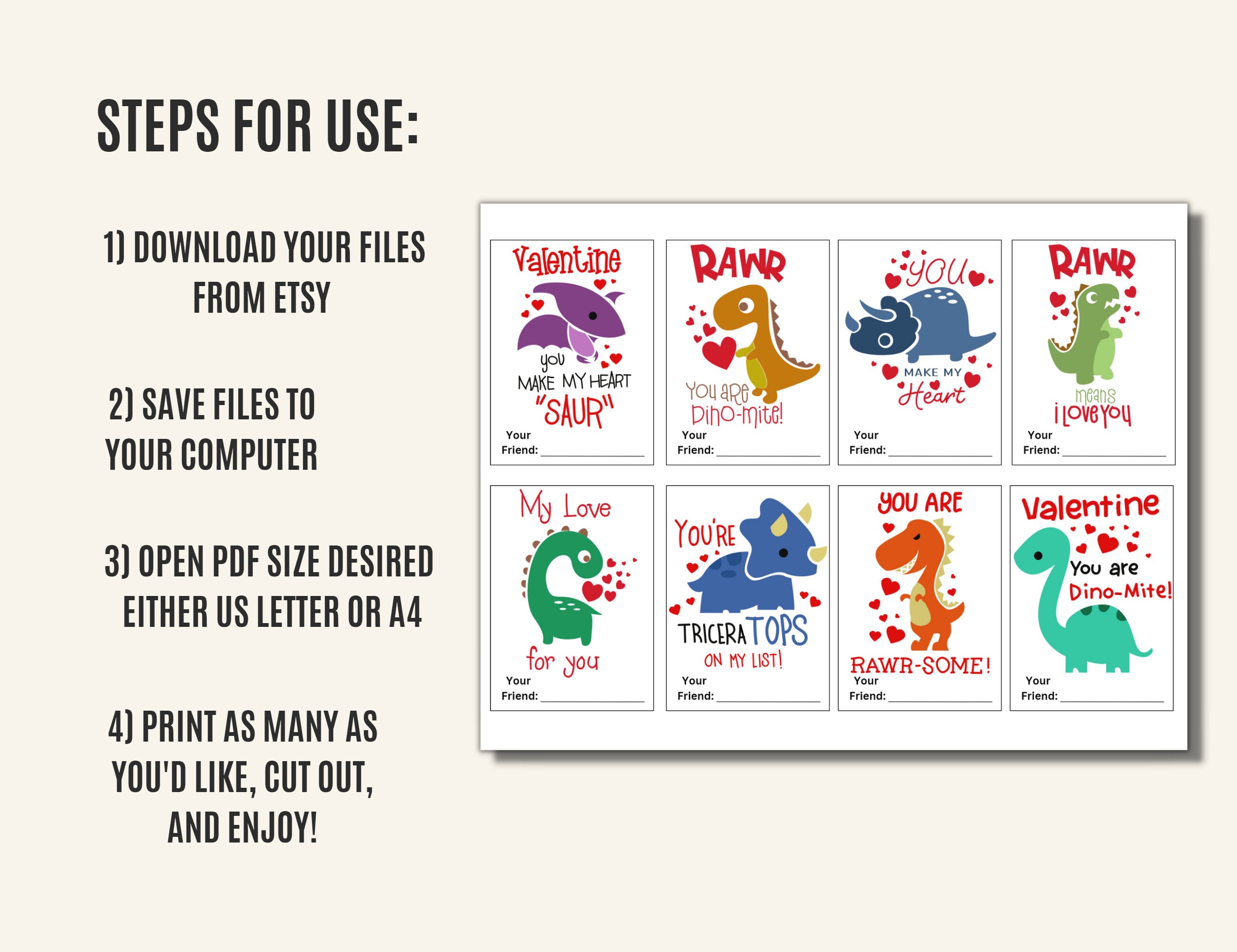 Printable Dinosaur Valentine Cards, Dinosaur Valentine Tags, Kids ...