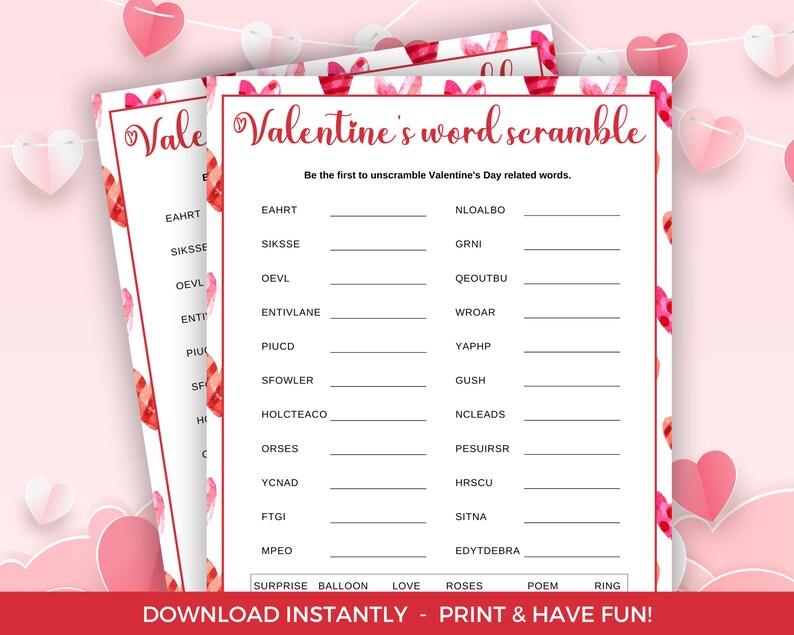 Valentine's Day Word Scramble Game, Printable Valentine's Day Game ...