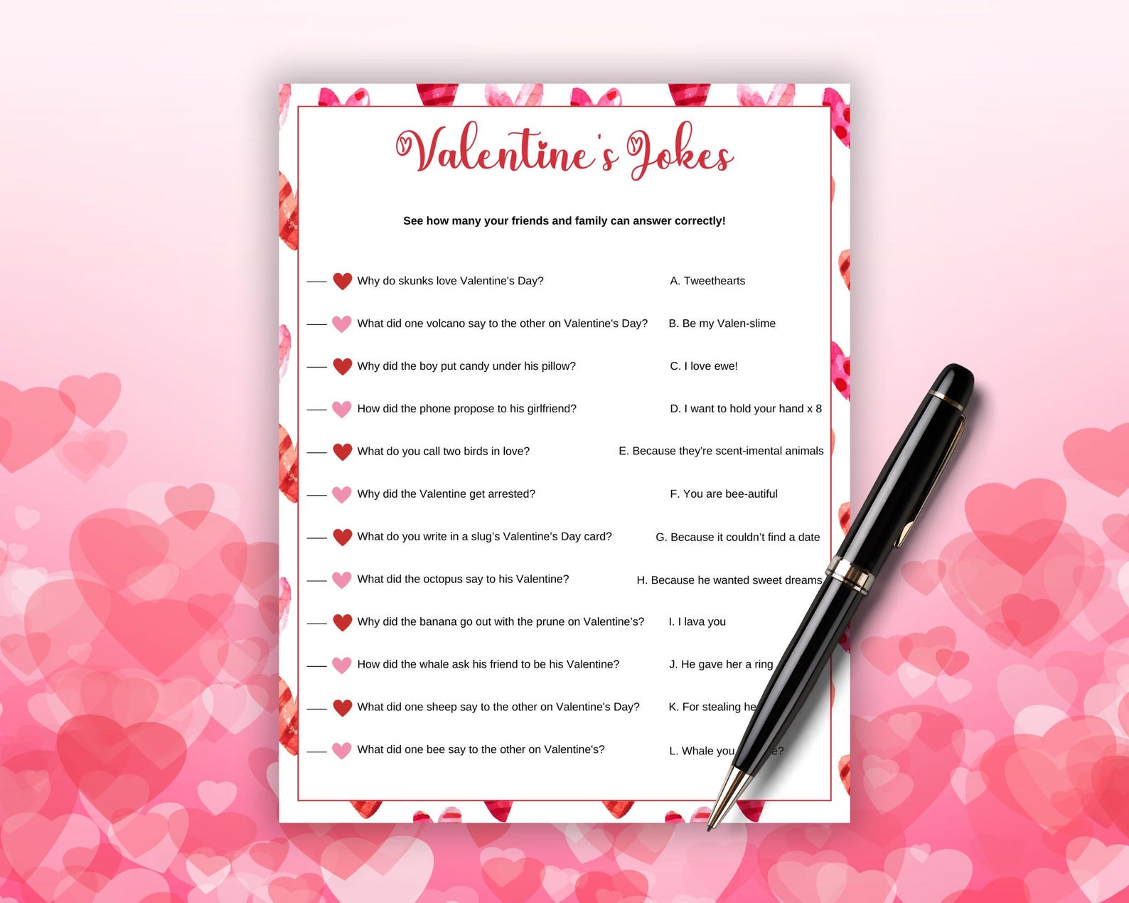 Valentine's Day Jokes, Printable Valentine's Day Riddles Game ...