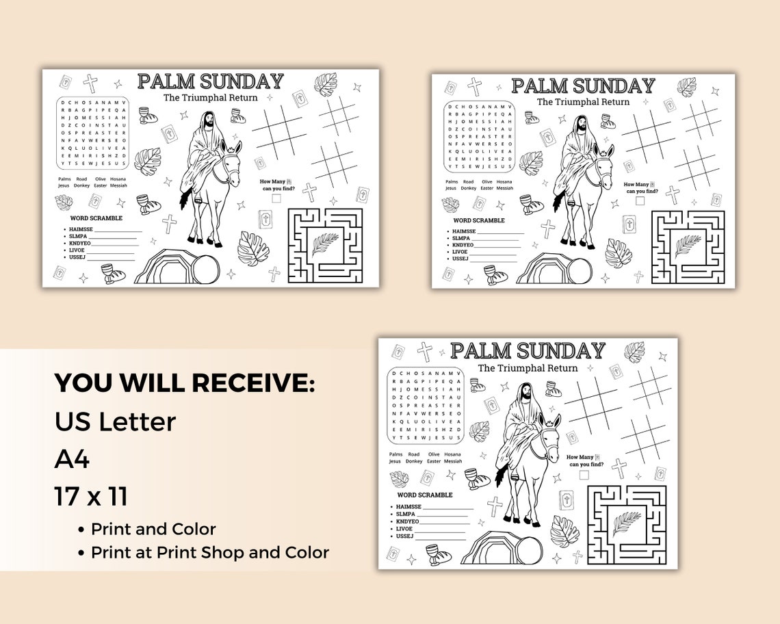 Palm Sunday Activity Placemat, Printable Palm Sunday Coloring Placemat ...