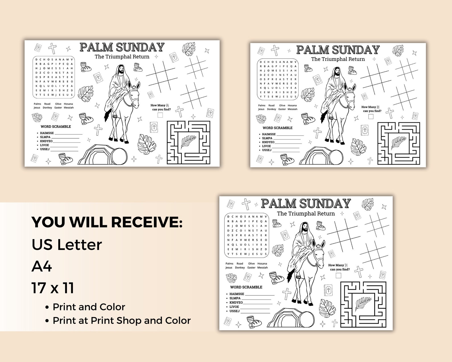 Palm Sunday Activity Placemat, Printable Palm Sunday Coloring Placemat ...