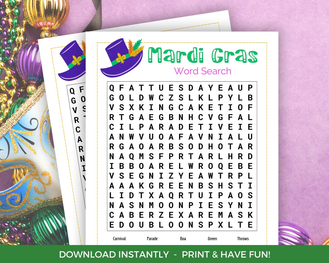 Mardi Gras Word Search Game, Fat Tuesday Party Game, Printable Mardi ...