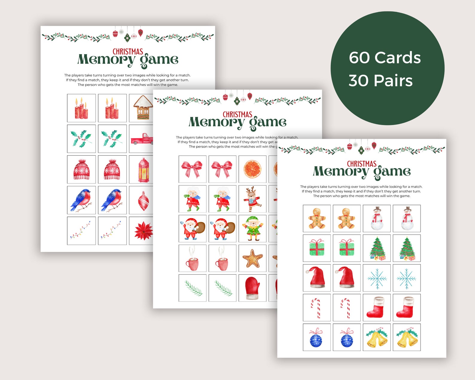 Christmas Memory Game, Printable Christmas Memory Game, Holiday Party ...