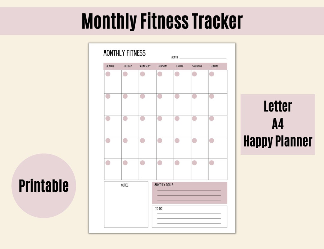 Printable Monthly Fitness Tracker, Monthly Fitness Planner, Monthly ...