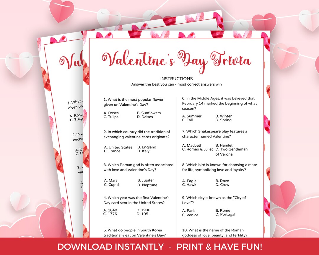 Valentine's Day Trivia Game, Printable Valentine's Day Game, Valentine ...