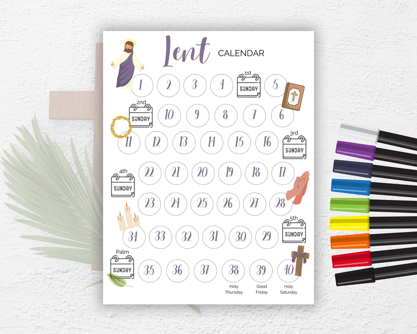 Lent Countdown Calendar, Printable Lenten Coloring Calendar, Ash ...