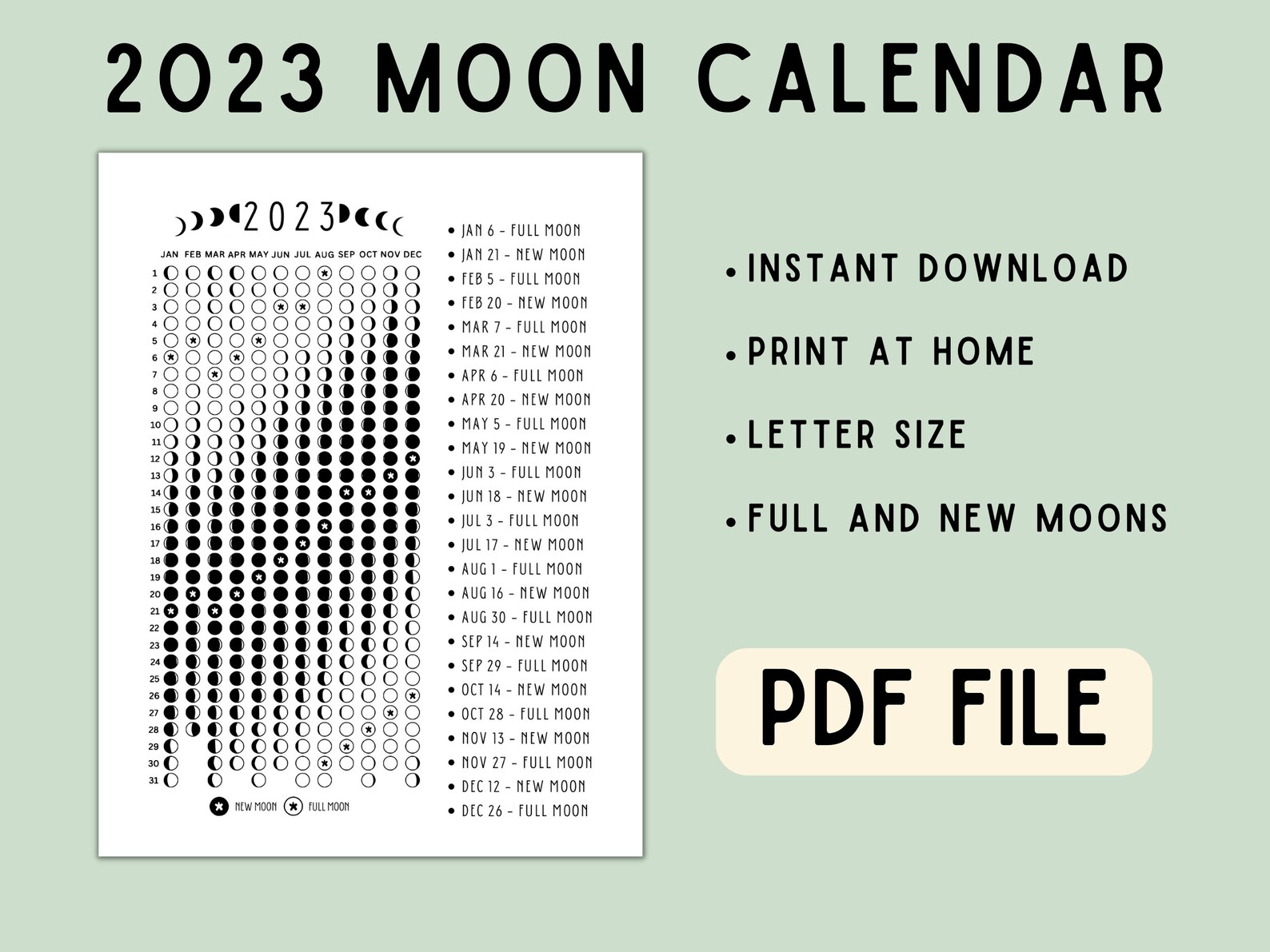 2023 Moon Calendar, Lunar Phases, New Year Astrology, Digital Download ...