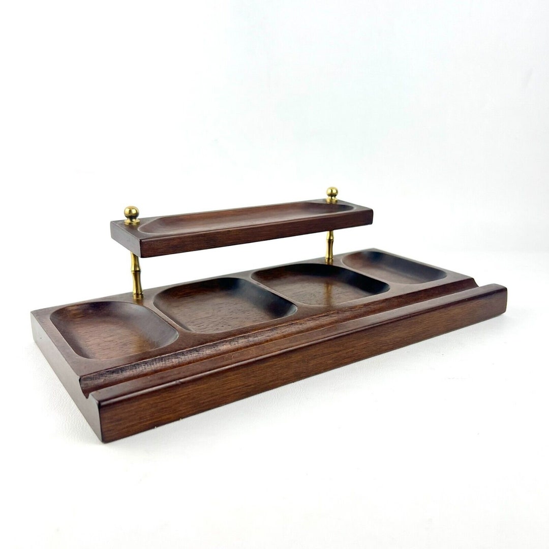 Vintage Wooden Golden Bamboo Desk Trinket Jewelry Pill Organizer Valet ...
