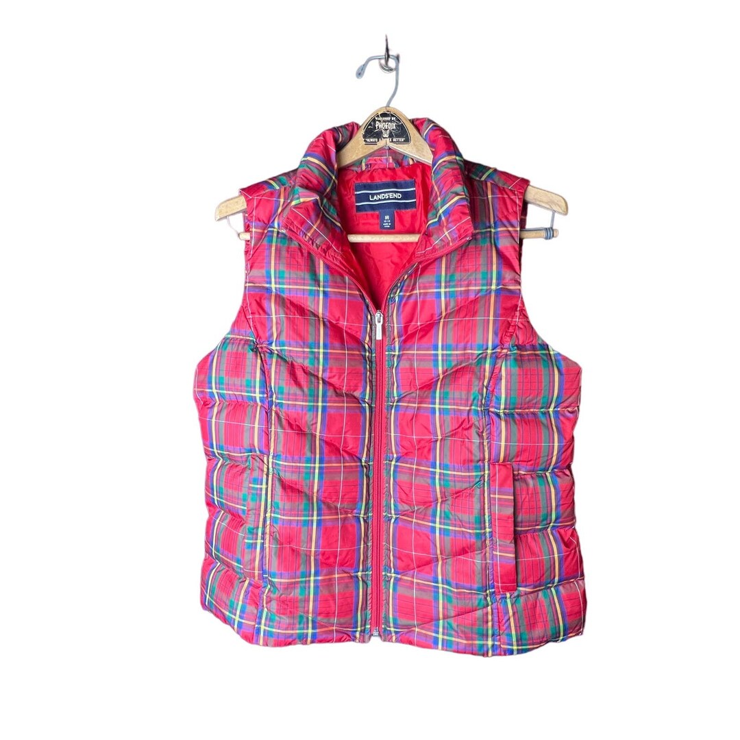 Lands End Red and Green Plaid Down Vest Medium - Etsy