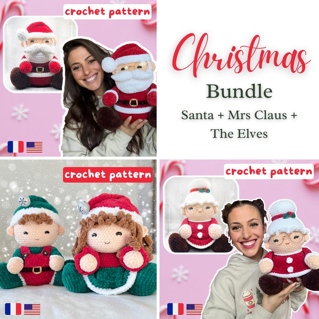 BUNDLE Christmas Santa + Mrs Claus + Elves Crochet Patterns Cuddle Size ...
