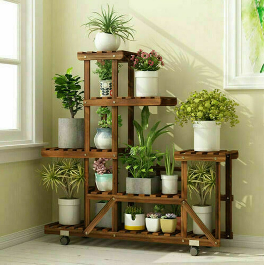 6 Tier Wooden Rolling Plant Shelf Rack Stand Flowers Organizer With ...