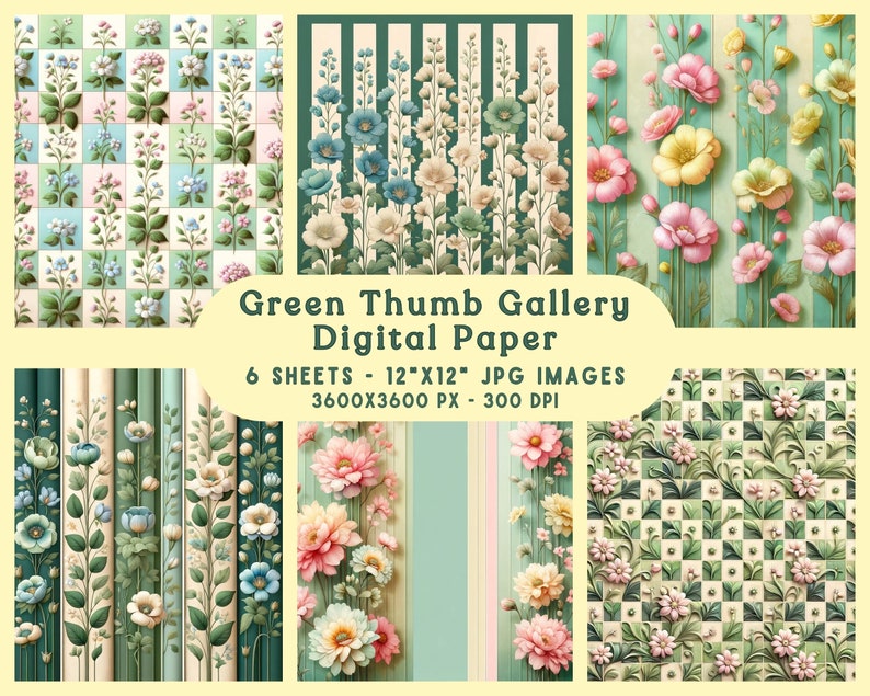 Floral Digital Paper, Instant Download Green Foliage With Pastel ...