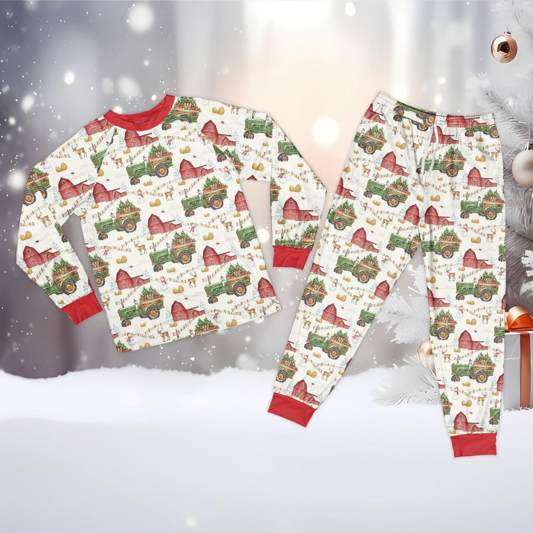 Christmas Farm Pajamas Set, Country Farm Holiday Sleepwear, Christmas ...