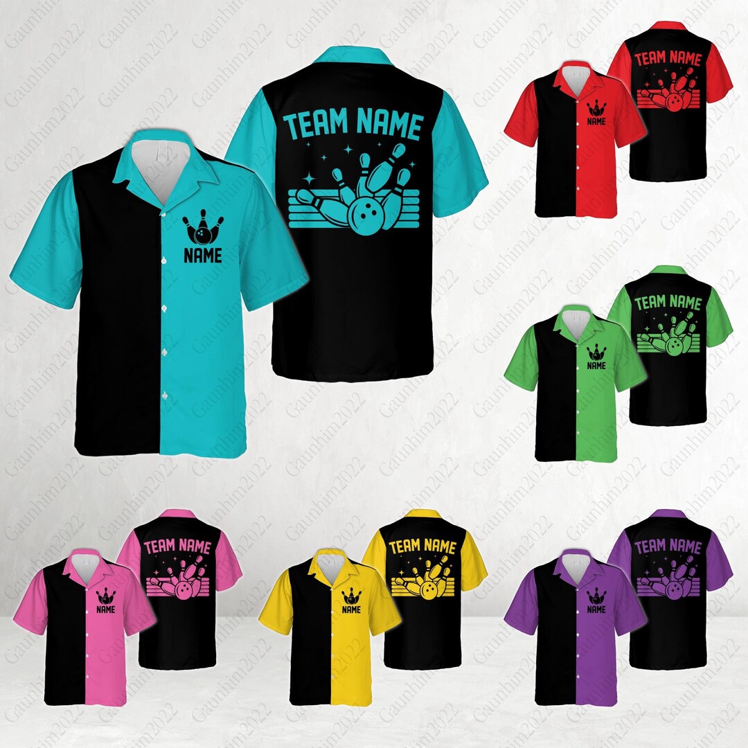 Personalized Retro Bowling Hawaiian Shirt, Custom Name Bowling Button ...