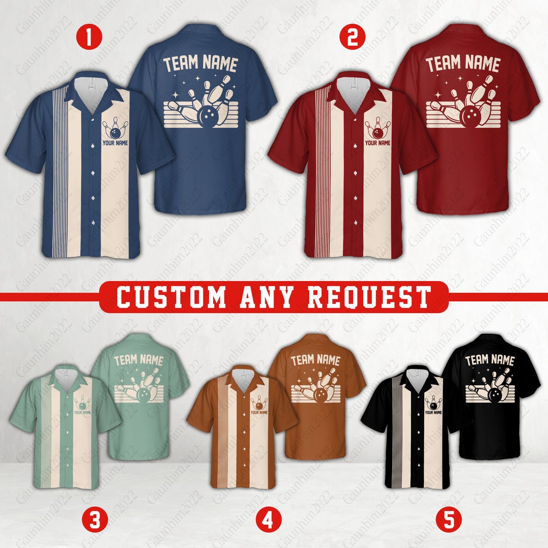 Personalized Retro Bowling Hawaiian Shirt, Custom Name Bowling Button ...