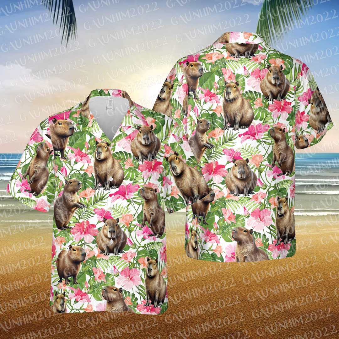 Tropical Capybara Hawaiian Shirt, Capybara Hibiscus Flowers Button Down ...