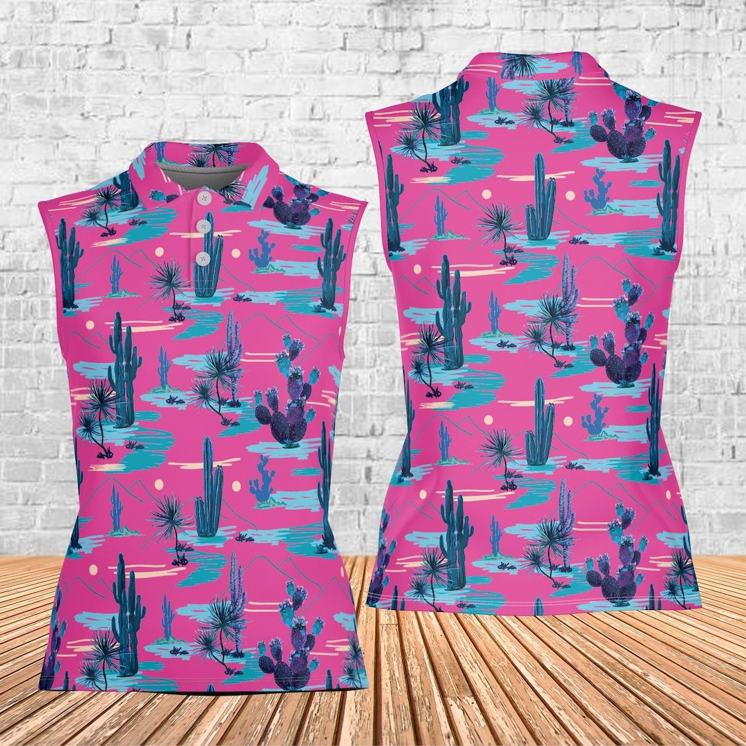Pink Desert Cactus Golf Polo Shirt, Cactus Sleeveless Golf Shirt ...