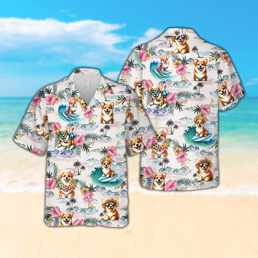 Corgi Hawaiian Shirt, Corgi Beach Shirt, Tropical Hawaiian Button Down ...