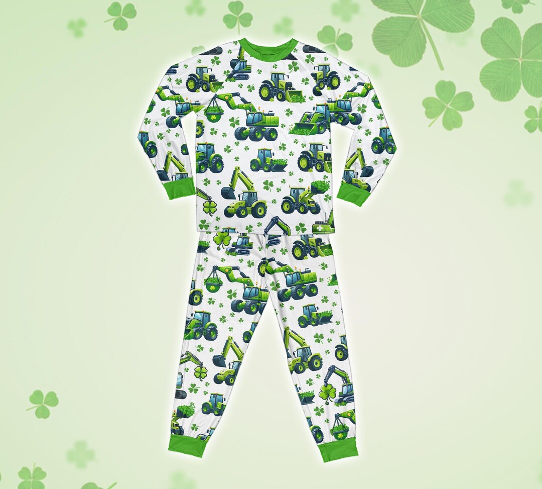 Boys St. Patricks Day Farm Tractor Pajamas, Green Tractor Lucky Clover Long Sleeve Two Piece ...