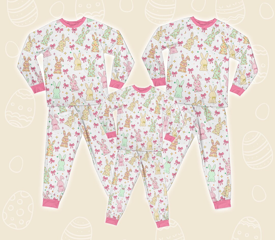 Cute Pink Bow Coquette Easter Pajamas, Easter Bunny Spring Flowers Long ...