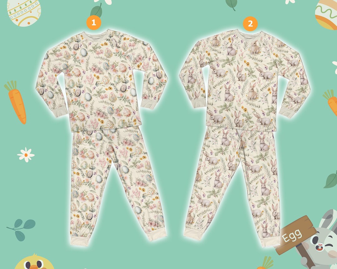 Boho Easter Pajamas Set, Pastel Easter Bunny Eggs Spring Flowers Long ...