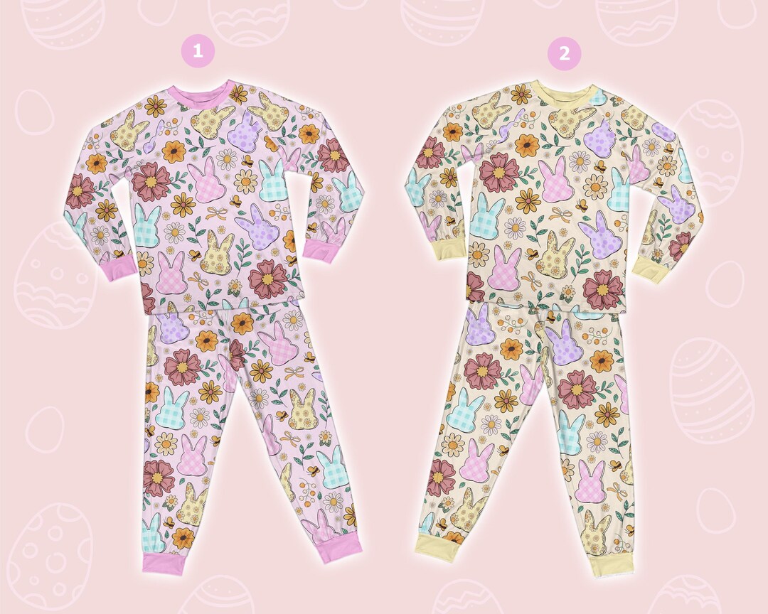Retro Pastel Easter Pajamas, Checkered Bunny Rabbit Spring Flowers Long ...